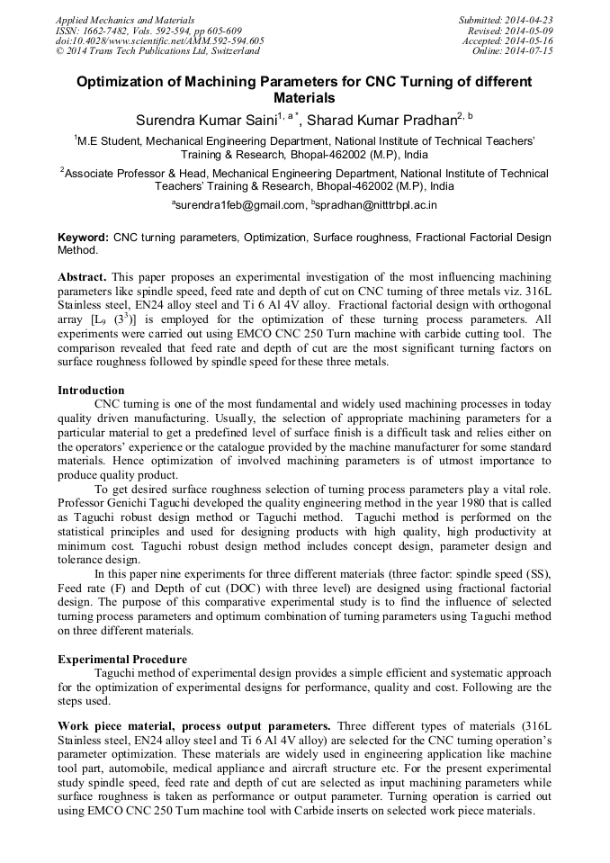 Optimization of Machining Parameters for CNC Turning of Different ...