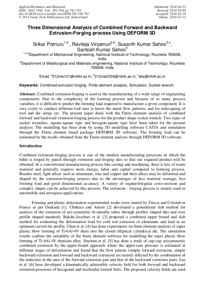 Three Dimensional Analysis of Combined Forward and Backward Extrusion ...
