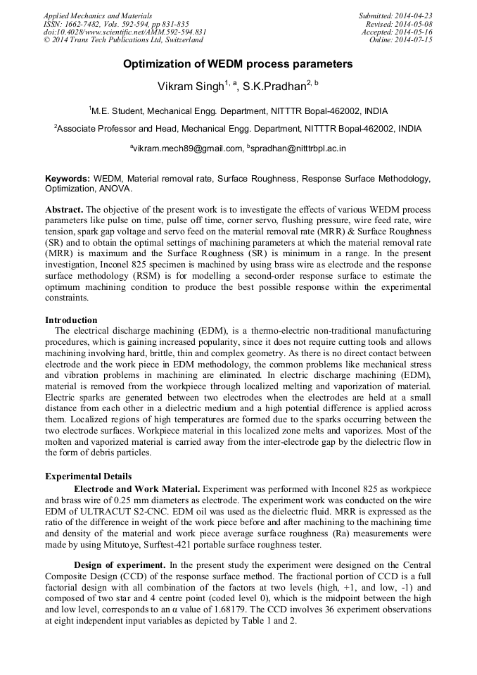 Optimization of WEDM Process Parameters | Scientific.Net