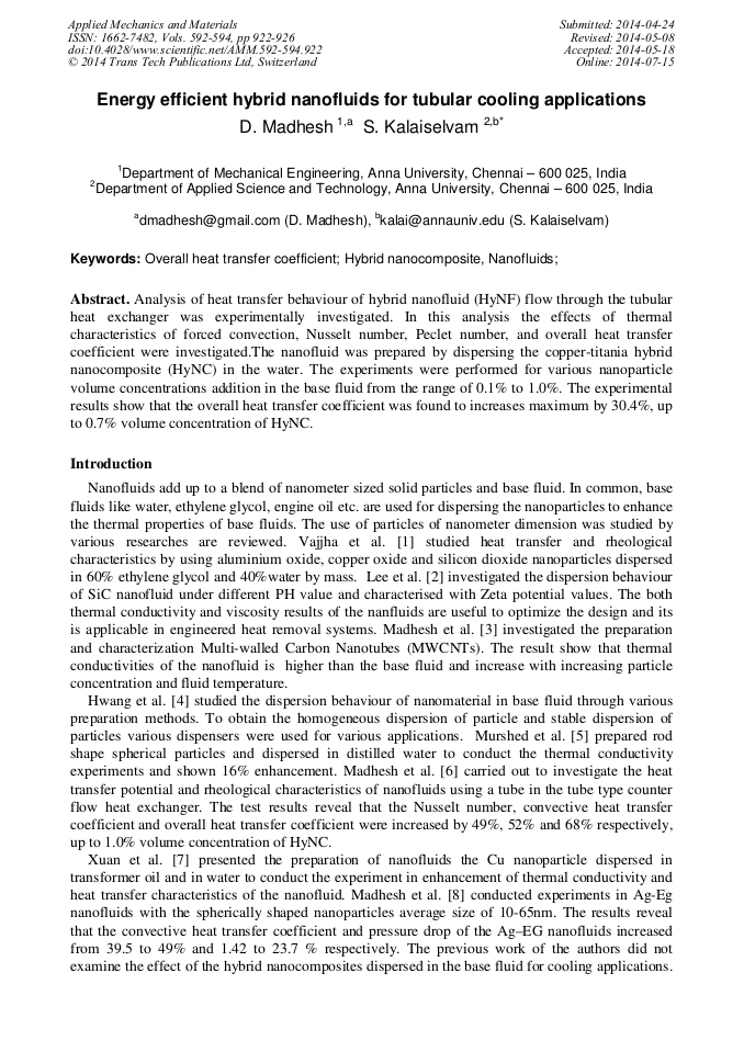 Energy Efficient Hybrid Nanofluids for Tubular Cooling Applications | Scientific.Net