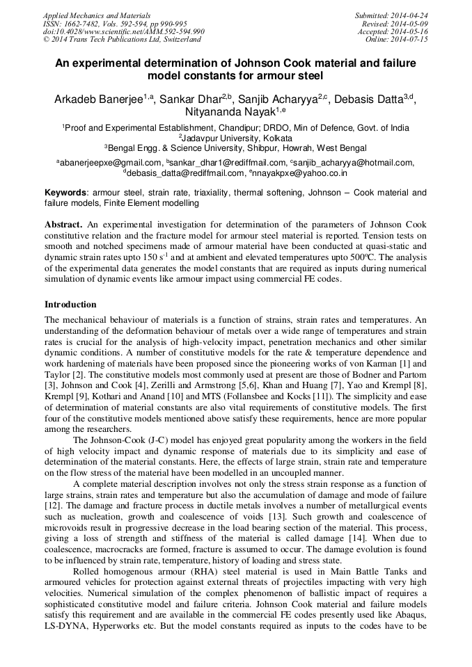 An Experimental Determination of Johnson Cook Material and Failure ...