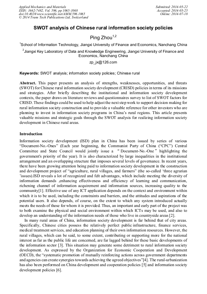 SWOT Analysis of Chinese Rural Information Society Policies ...