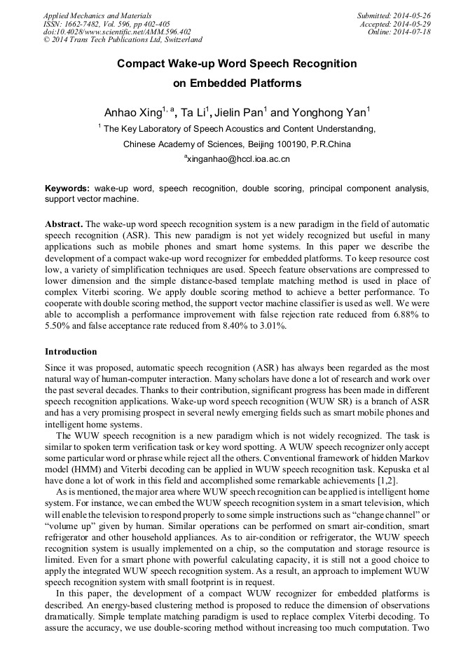 Compact Wake Up Word Speech Recognition On Embedded Platforms Compact Wake Up Word Speech Recognition On Embedded Platforms