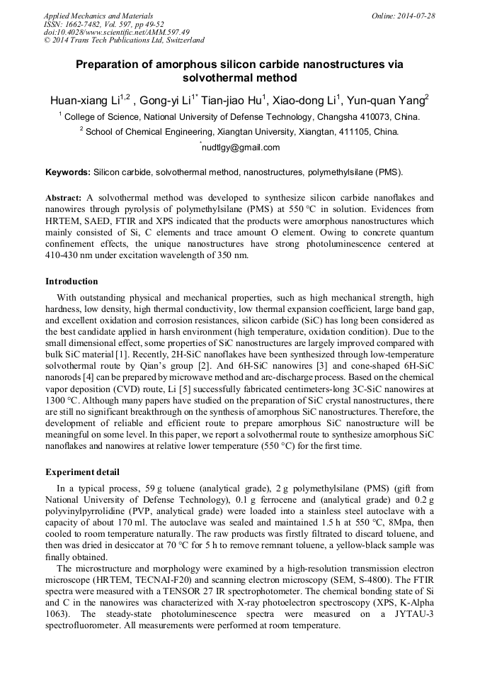 Preparation of Amorphous Silicon Carbide Nanostructures via ...