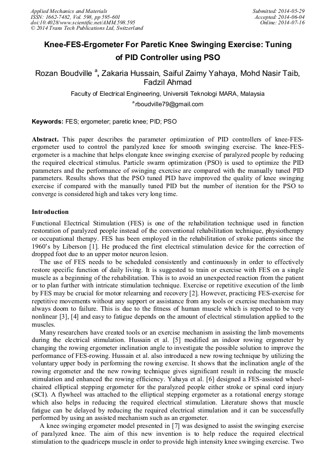 Knee-FES-Ergometer for Paretic Knee Swinging Exercise: Tuning of PID ...