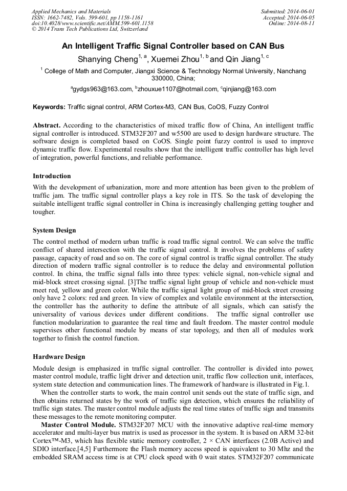 An Intelligent Traffic Signal Controller Based on CAN Bus | Scientific.Net