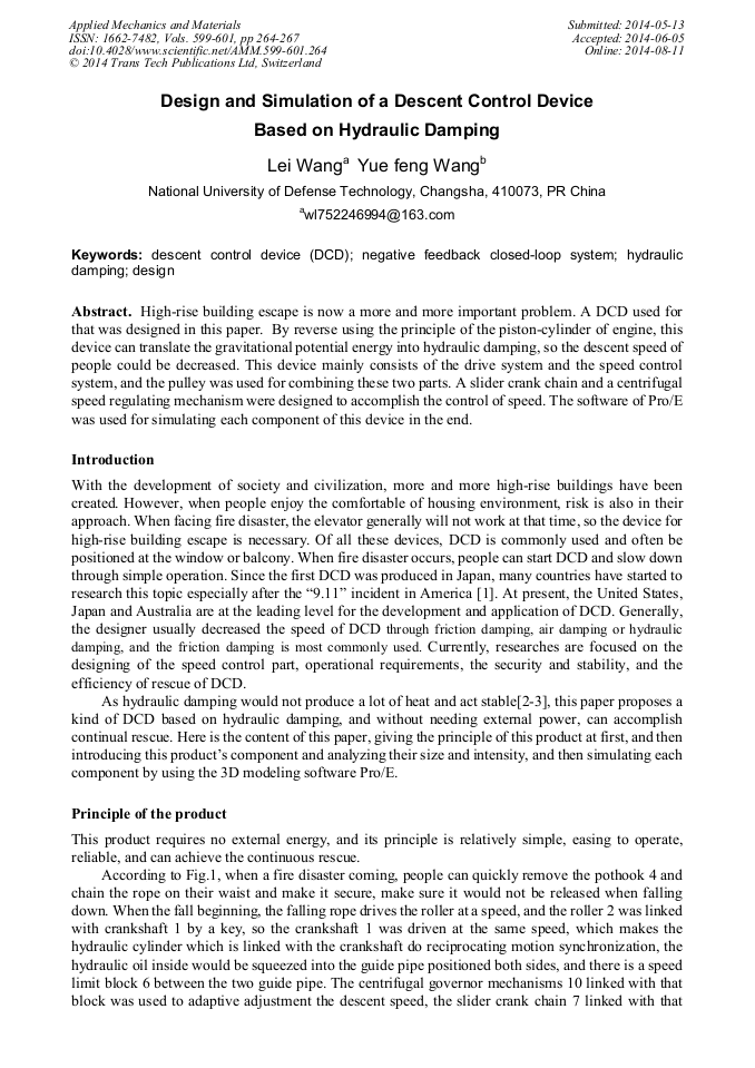 Design and Simulation of a Descent Control Device Based on Hydraulic ...
