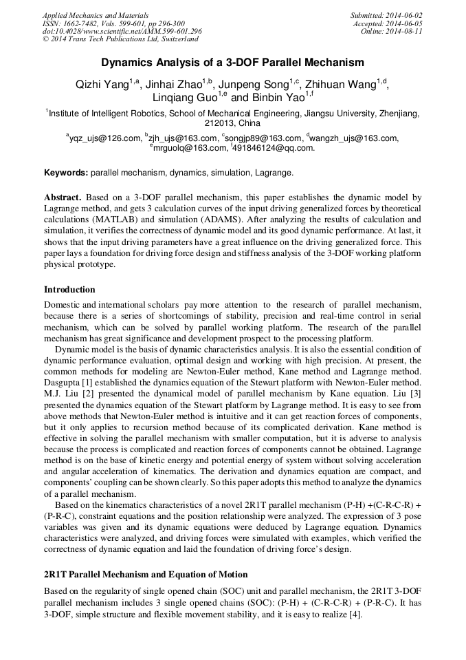 Dynamics Analysis of a 3-DOF Parallel Mechanism | Scientific.Net