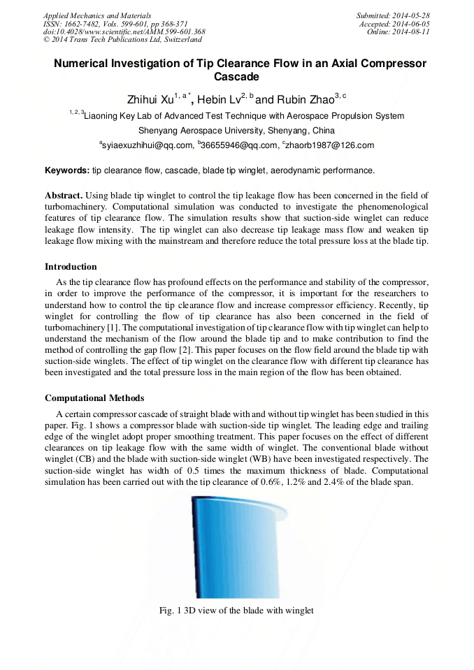 Numerical Investigation of Tip Clearance Flow in an Axial Compressor Cascade | Scientific.Net