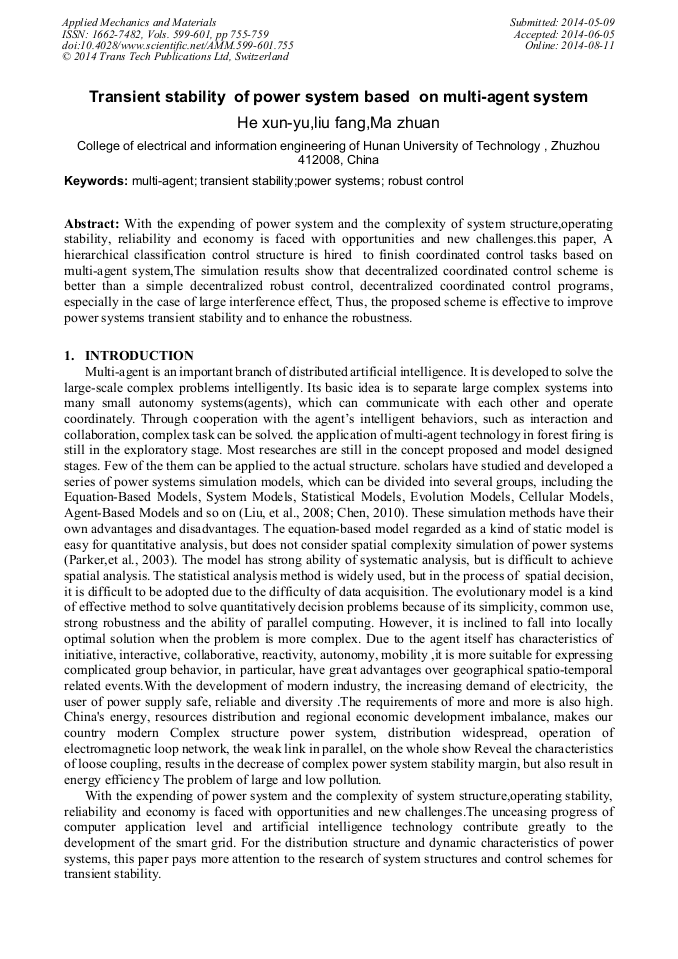 Transient Stability of Power System Based on Multi-Agent System ...