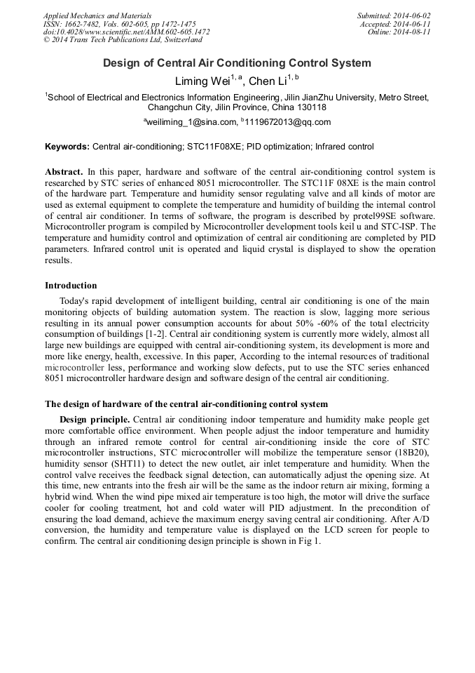 Design of Central Air Conditioning Control System | Scientific.Net
