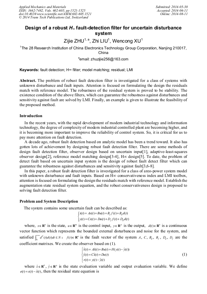 Design of a Robust H∞ Fault-Detection Filter for Uncertain Disturbance ...