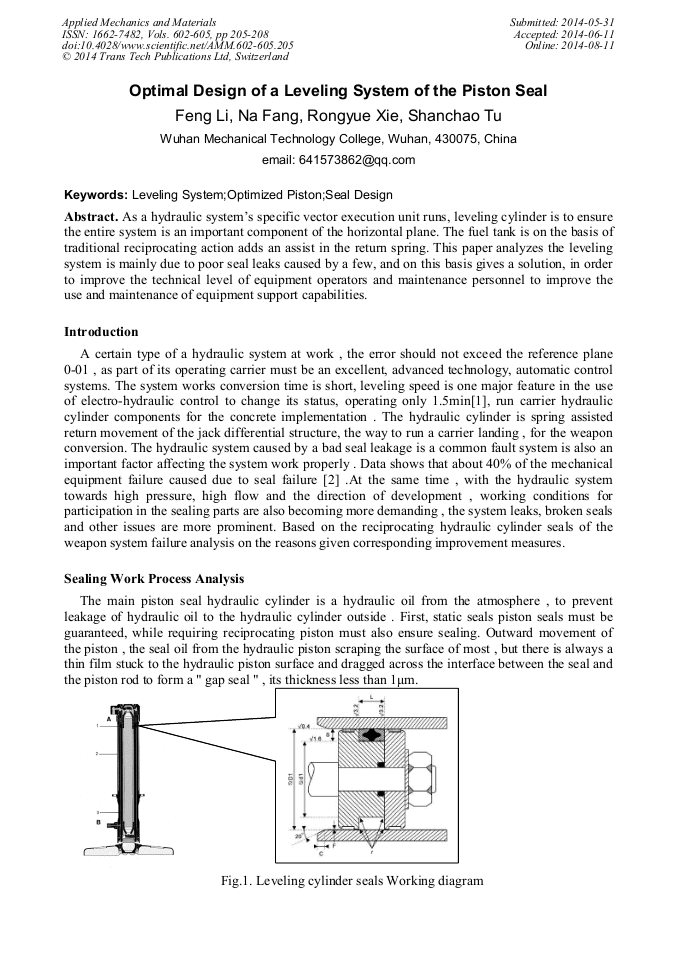 Optimal Design of a Leveling System of the Piston Seal | Scientific.Net