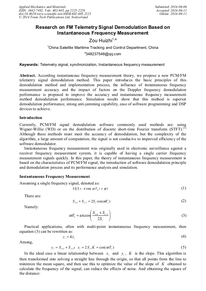 Research on Fm Telemetry Signal Demodulation Based on Instantaneous ...