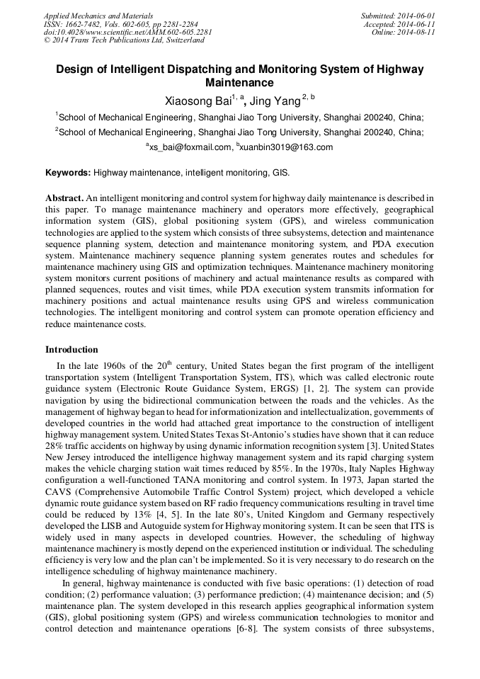 Design of Intelligent Dispatching and Monitoring System of Highway ...