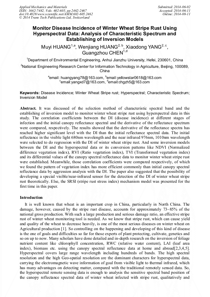 Monitor Disease Incidence of Winter Wheat Stripe Rust Using Hyperspectral Data: Analysis of ...