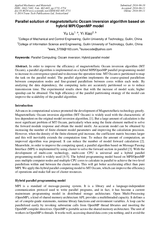 Parallel Solution of Magnetotelluric Occam Inversion Algorithm Based on ...