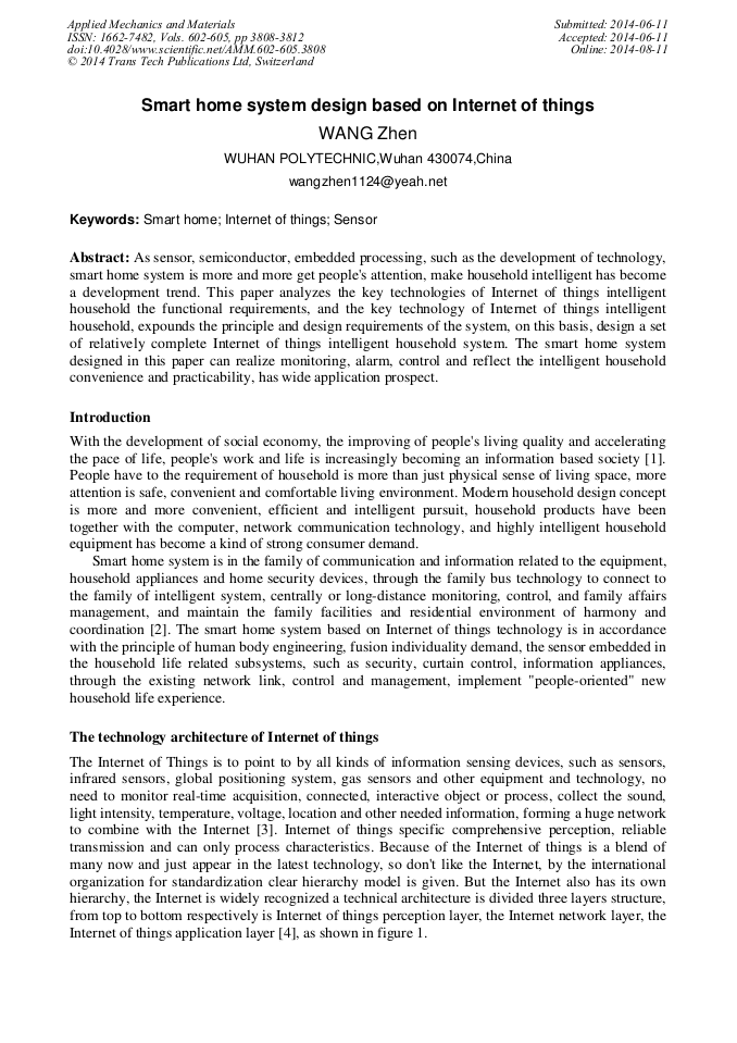 Smart Home System Design Based on Internet of Things | Scientific.Net