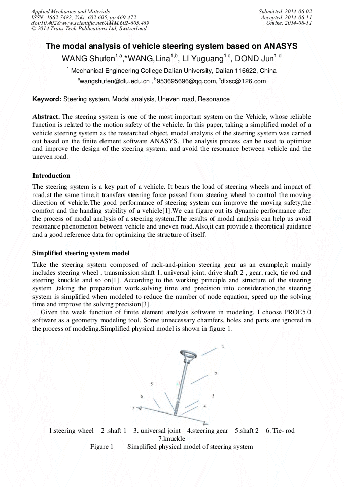 The Modal Analysis of Vehicle Steering System Based on ANASYS ...