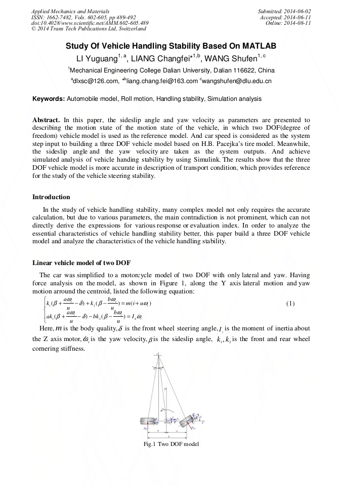 Study of Vehicle Handling Stability Based on MATLAB | Scientific.Net
