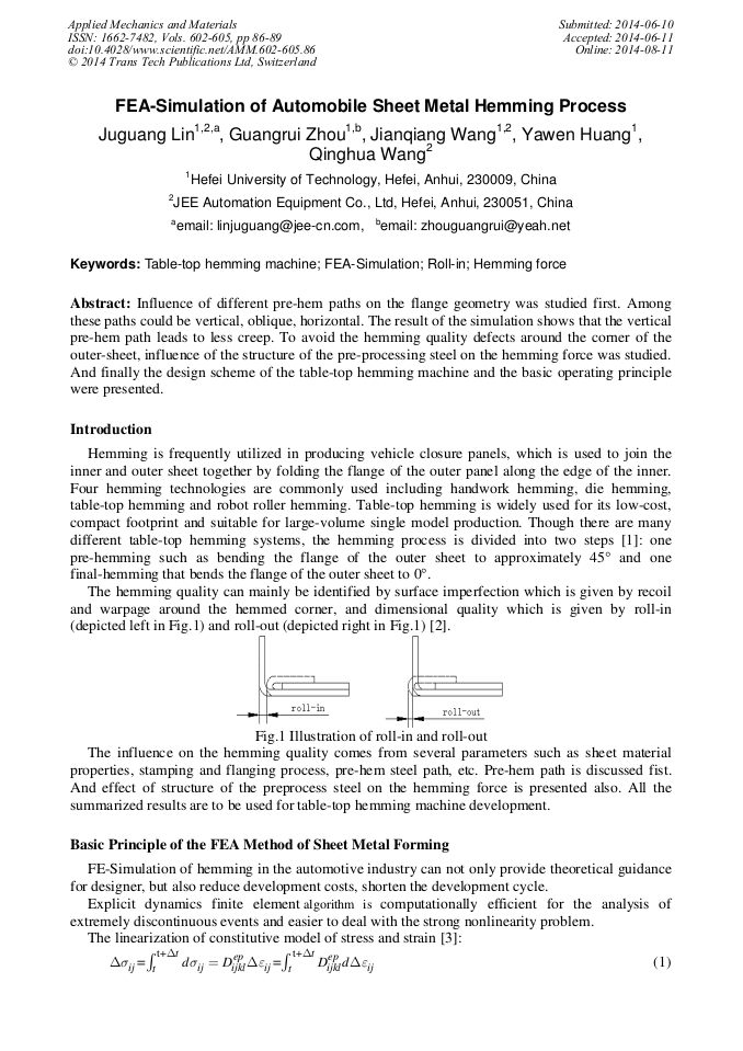 FEA-Simulation of Automobile Sheet Metal Hemming Process | Scientific.Net
