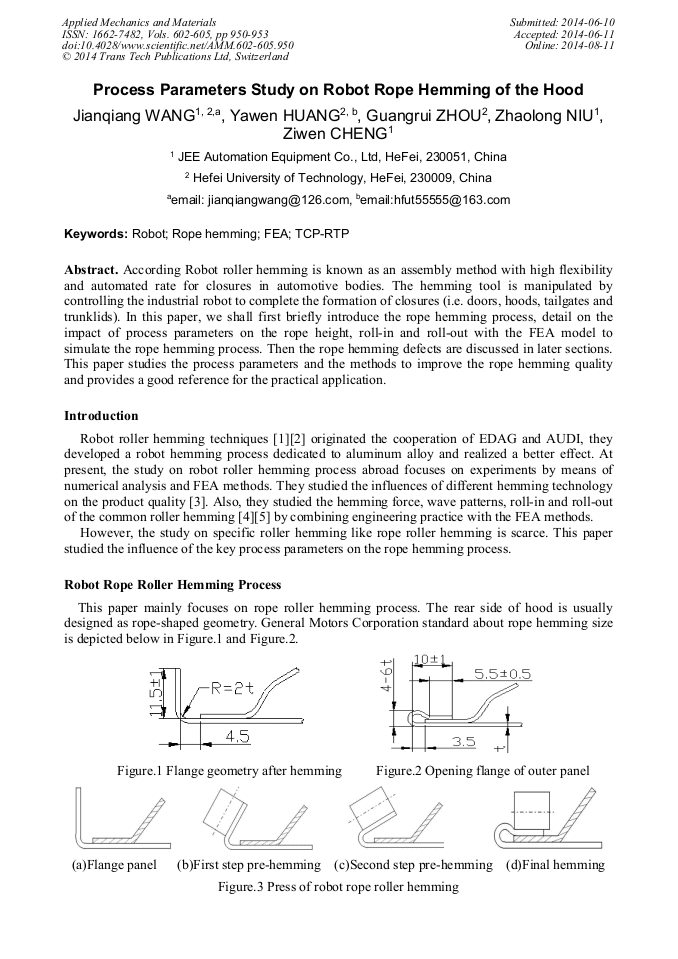 Process Parameters Study on Robot Rope Hemming of the Hood | Scientific.Net