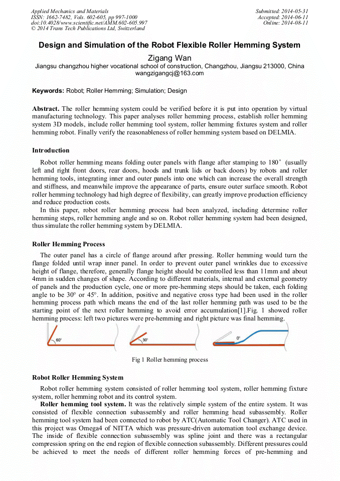 Design and Simulation of the Robot Flexible Roller Hemming System | Scientific.Net