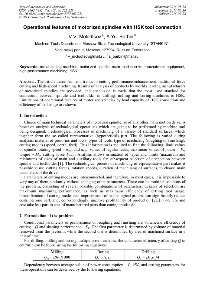 Operational Features of Motorized Spindles with HSK Tool Connection ...