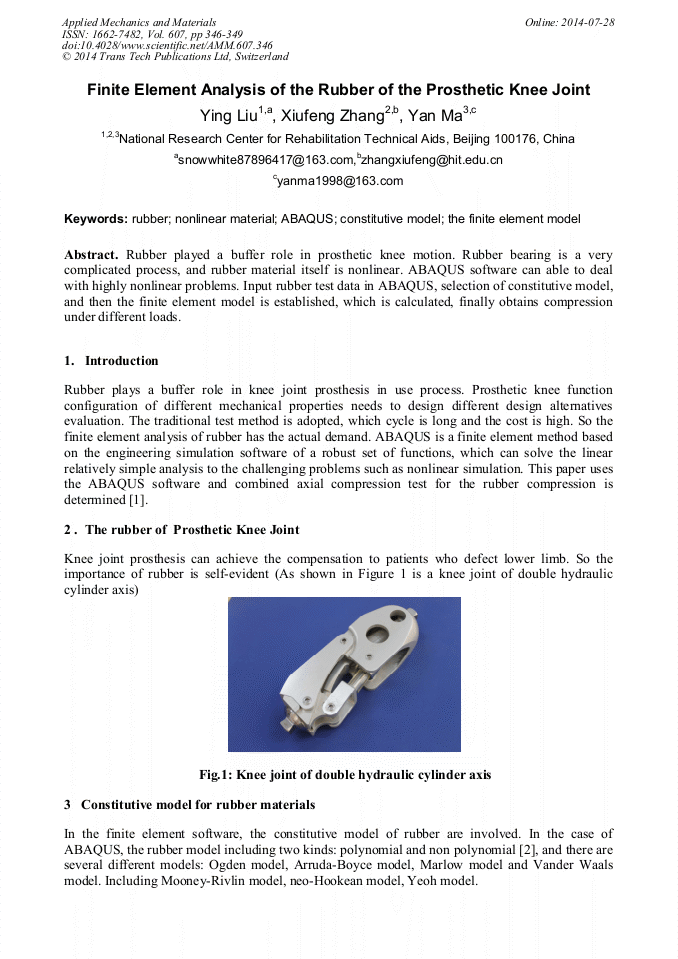 Finite Element Analysis of the Rubber of the Prosthetic Knee Joint ...