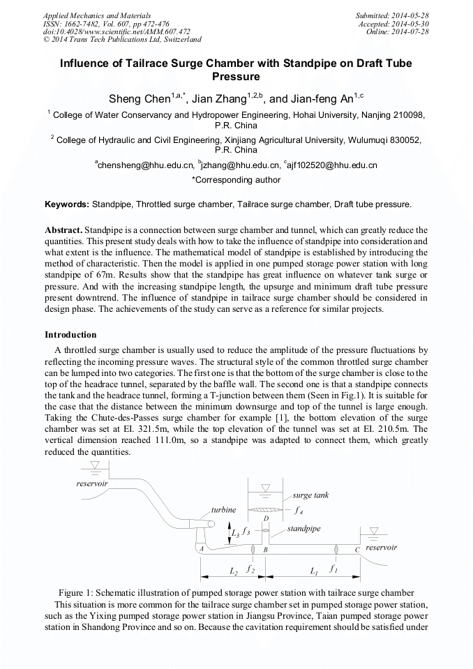 Influence of Tailrace Surge Chamber with Standpipe on Draft Tube ...