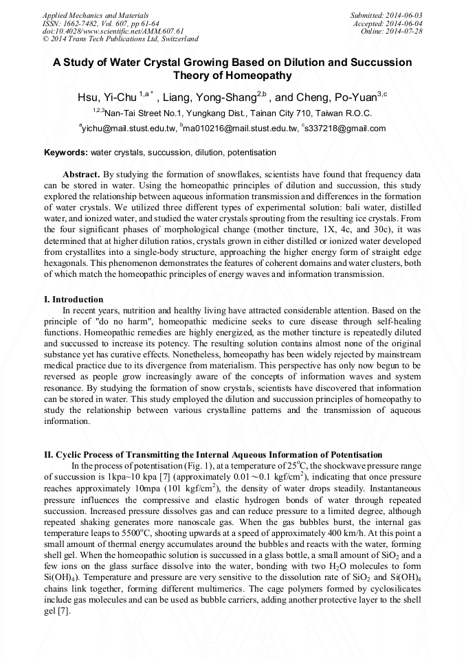 A Study of Water Crystal Growing Based on Dilution and Succussion ...