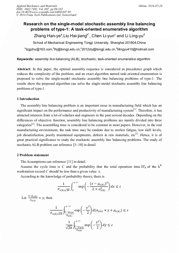 Research on the Single-Model Stochastic Assembly Line Balancing Problems of Type-1: A Task ...