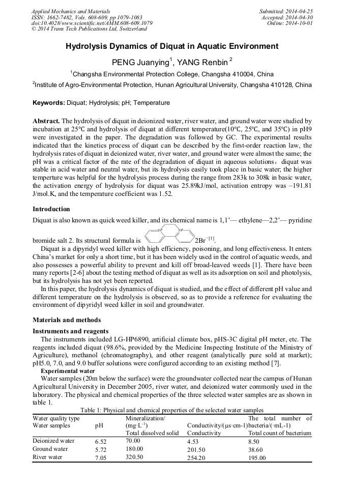 Hydrolysis Dynamics of Diquat in Aquatic Environment | Scientific.Net