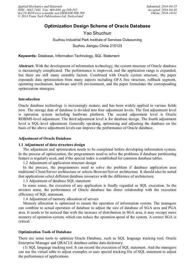 Optimization Design Scheme of Oracle Database | Scientific.Net