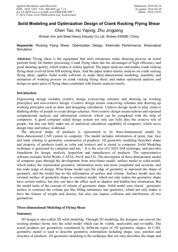 Solid Modeling and Optimization Design of Crank Rocking Flying Shear ...
