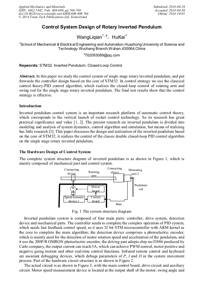 Control System Design of Rotary Inverted Pendulum | Scientific.Net