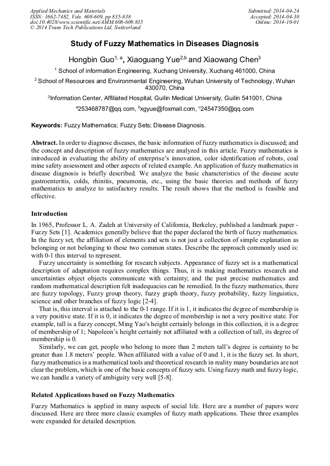 Study of Fuzzy Mathematics in Diseases Diagnosis | Scientific.Net