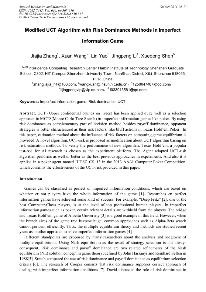 Modified UCT Algorithm with Risk Dominance Methods in Imperfect ...