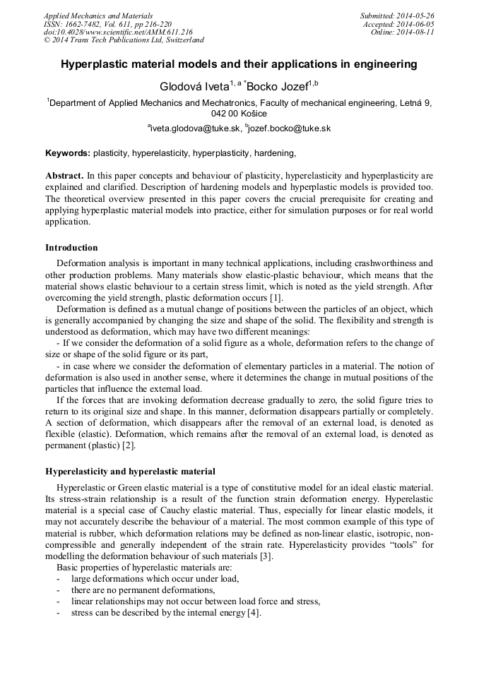 Hyperplastic Material Models and their Applications in Engineering ...