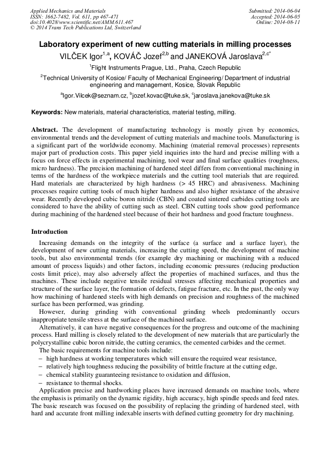 Laboratory Experiment of New Cutting Materials in Milling Processes ...