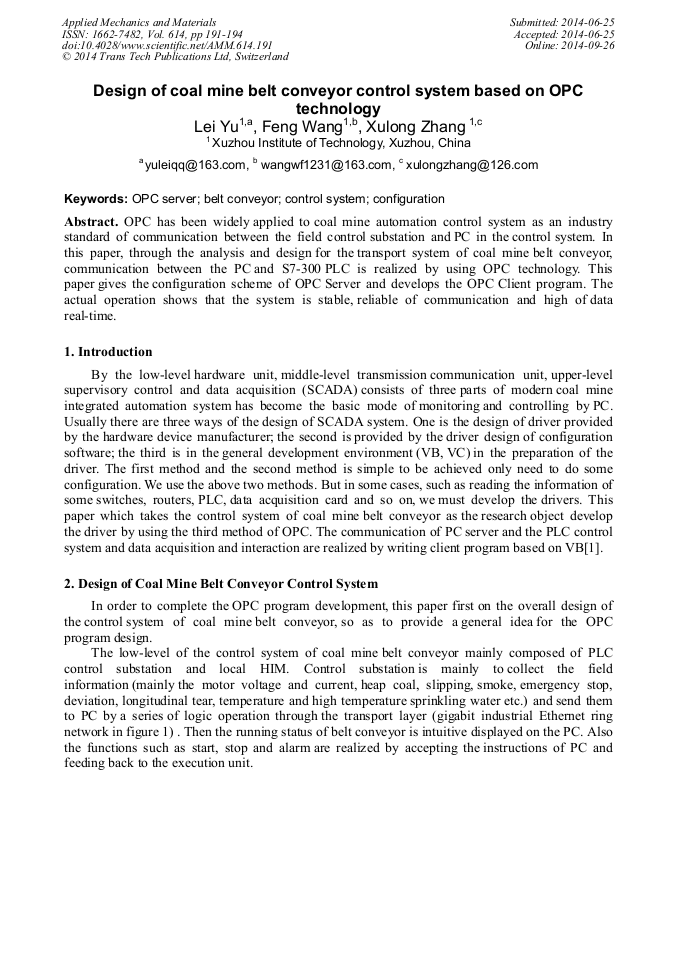 Design of Coal Mine Belt Conveyor Control System Based on OPC ...