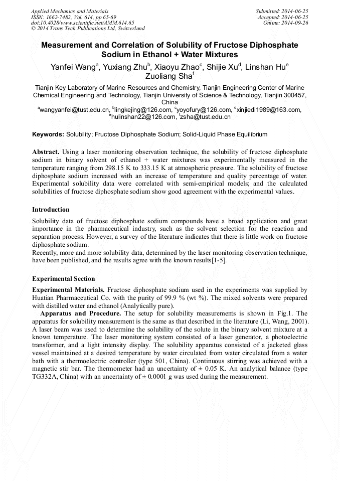 Measurement and Correlation of Solubility of Fructose Diphosphate ...