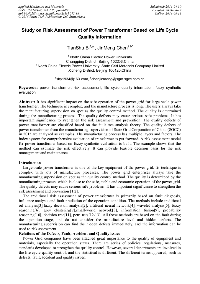 Study on Risk Assessment of Power Transformer Based on Life Cycle ...