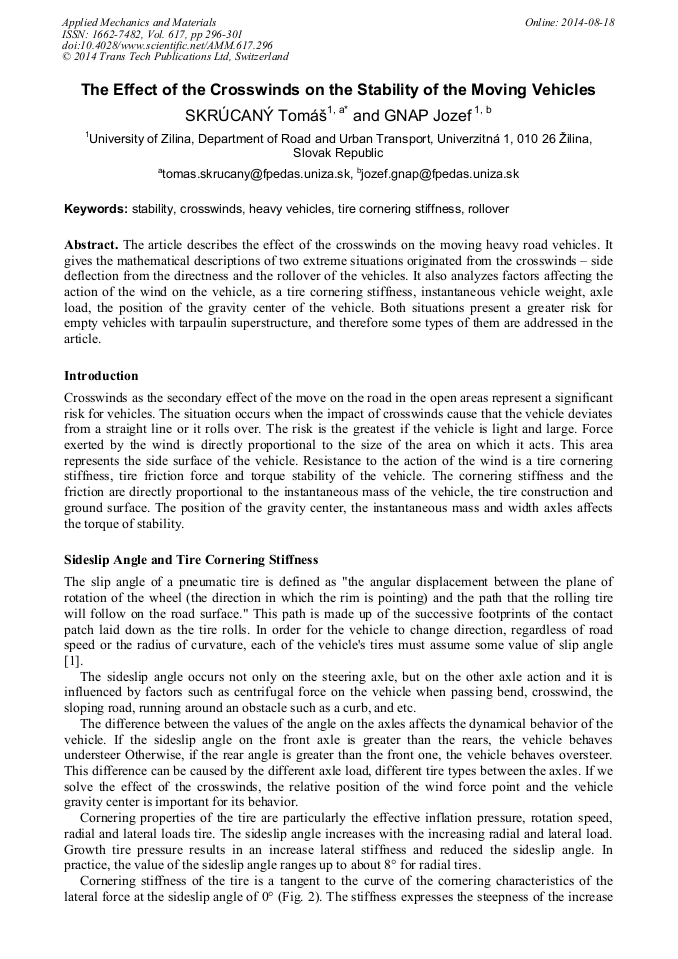 The Effect of the Crosswinds on the Stability of the Moving Vehicles ...