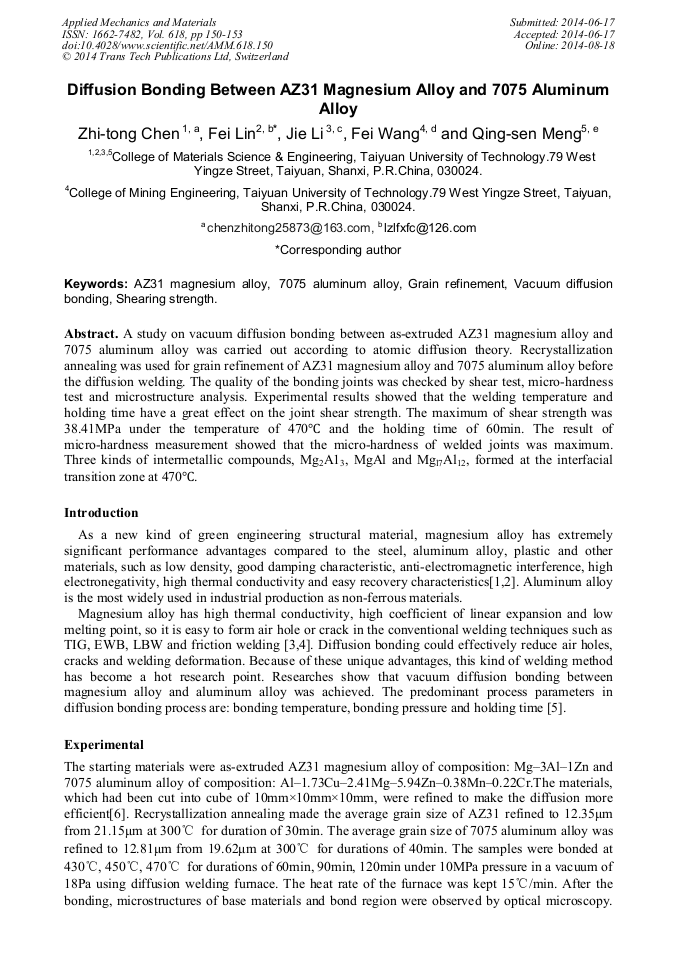 Diffusion Bonding between AZ31 Magnesium Alloy and 7075 Aluminum Alloy | Scientific.Net