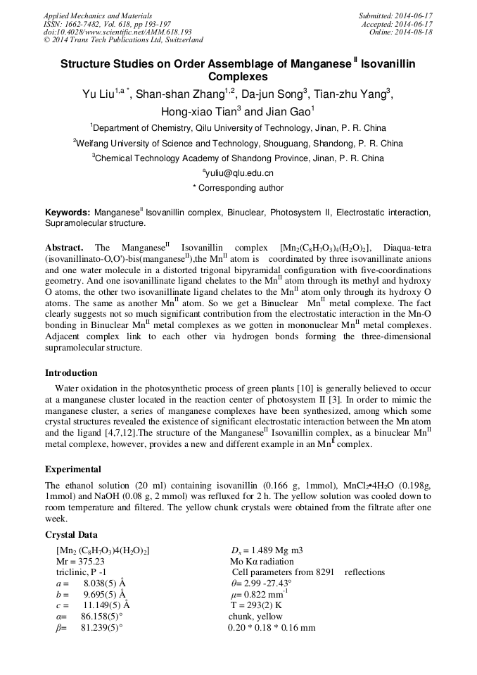 Structure Studies on Order Assemblage of Manganese II Isovanillin ...