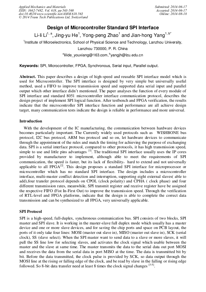 Design of Microcontroller Standard SPI Interface | Scientific.Net