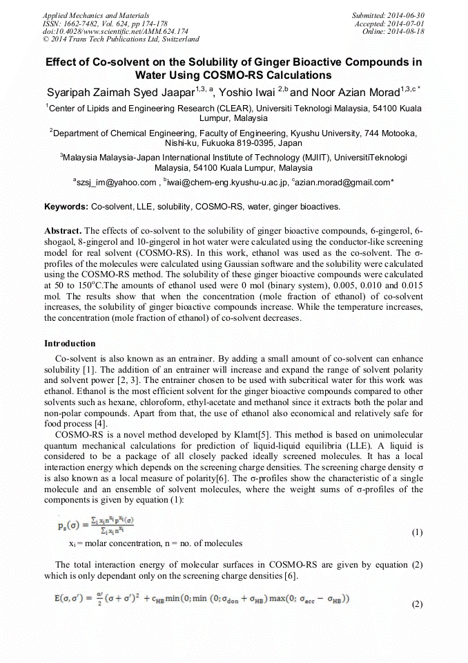 Effect of Co-Solvent on the Solubility of Ginger Bioactive Compounds in ...