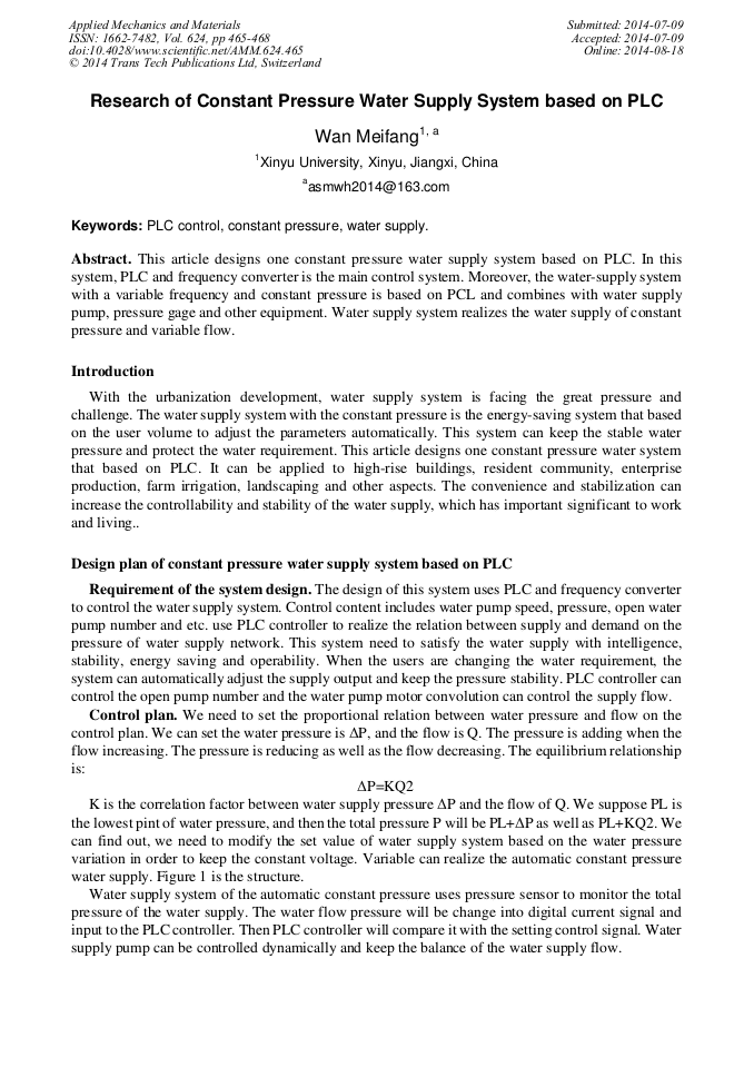 Research of Constant Pressure Water Supply System Based on PLC ...