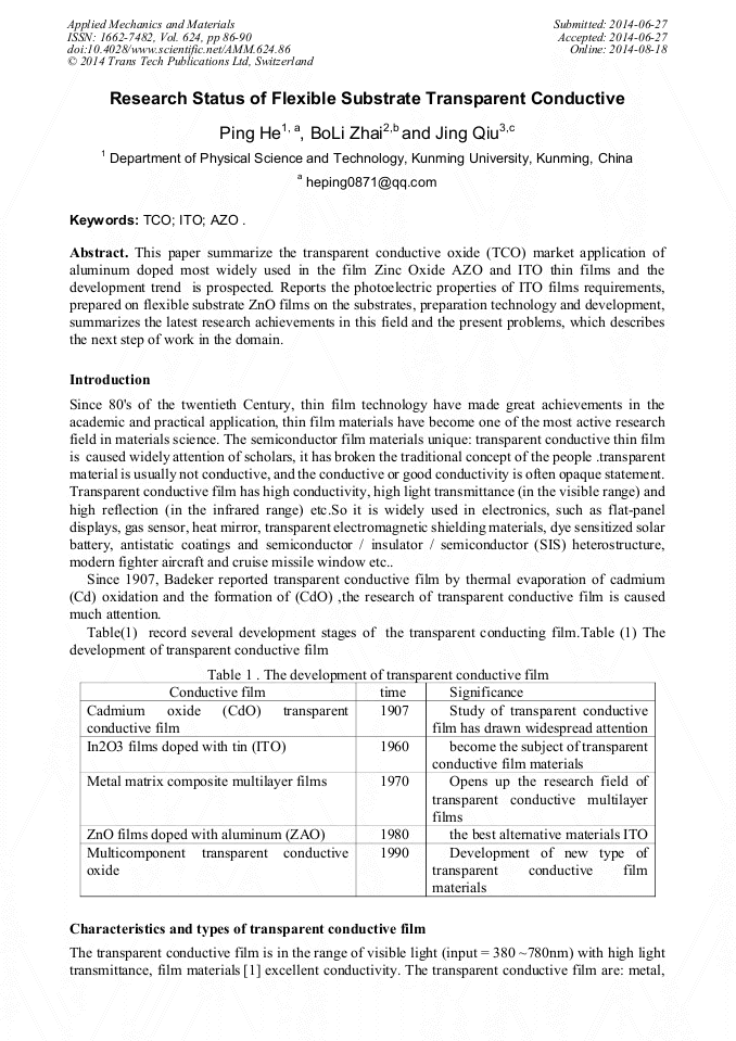 Research Status of Flexible Substrate Transparent Conductive ...